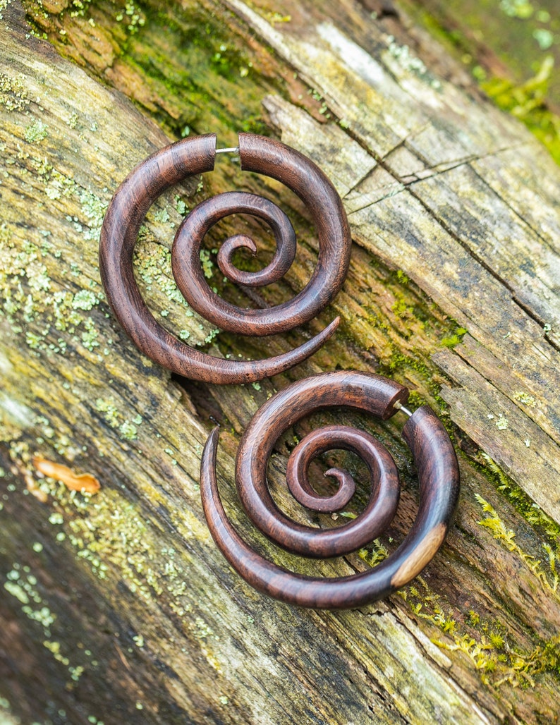 Wooden Super Spiral Fake Gauged Earrings Fake Expander - Etsy