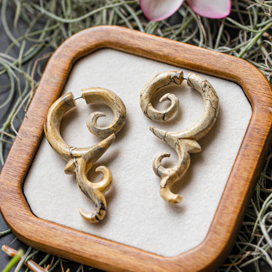Sacred Spiral Faux Gauge Earrings • Hand-carved Tribal Boho Expander ...