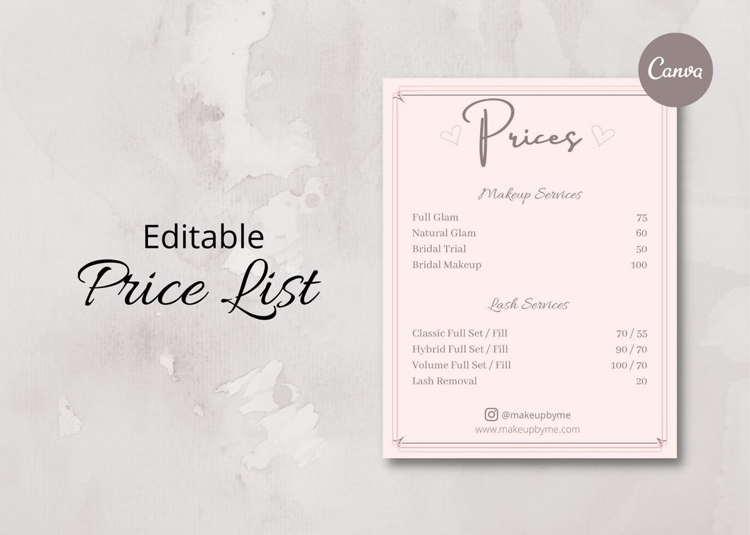 Price List Template - Makeup Artist Price List Editable - Small ...