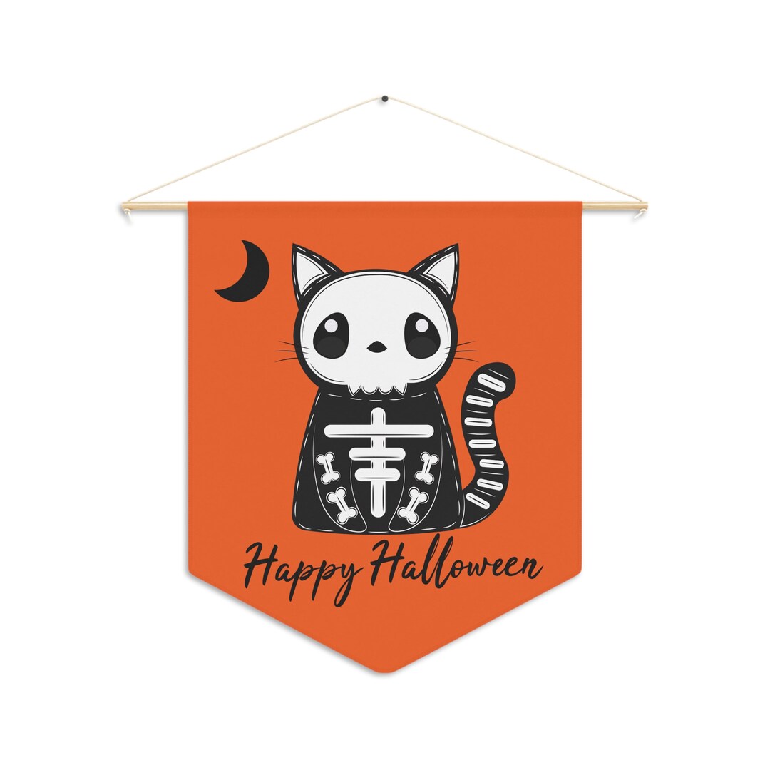 Halloween Cat Banner, Skeleton Black Cat Spooky Vibes, House Party Gift ...
