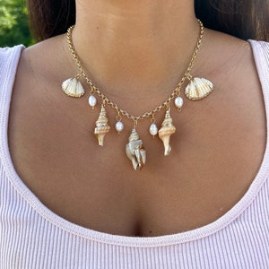 Seashell and Freshwater Pearl Necklace - Real Seashell Charm Necklace ...