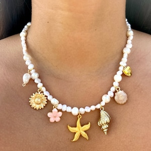 Coastal Pearl Charm Necklace - Freshwater Pearl Charm Necklace - Summer ...