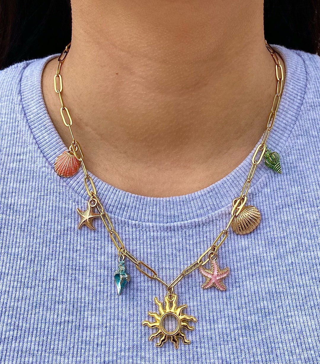 Summer Sun Charm Necklace Paperclip Chain - Colorful Charm Necklace ...