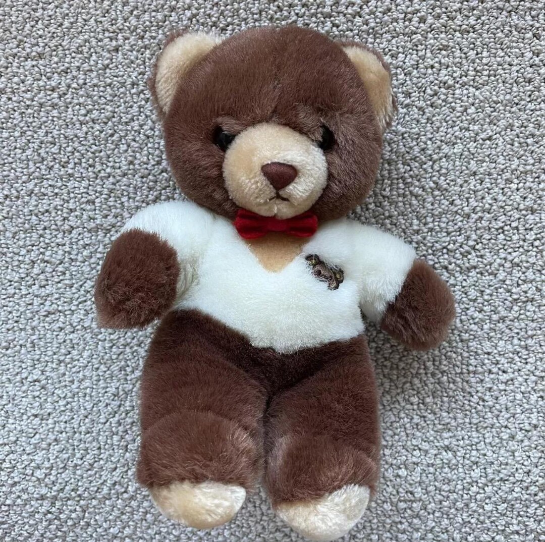 Vintage Gund 12” Brown White Embroidered Bear Head Face Red Bowtie ...