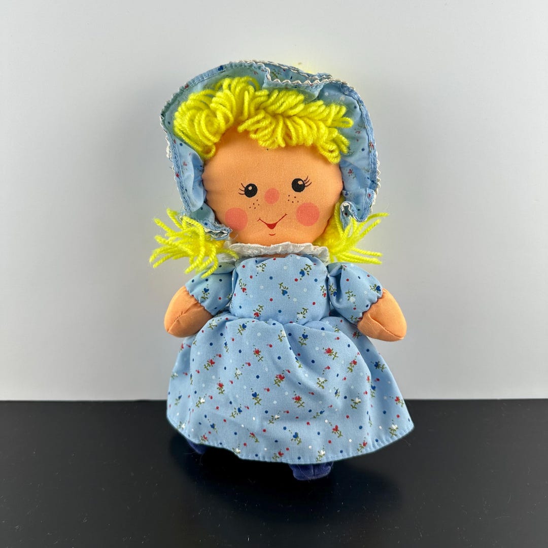 Vintage 1980s Dandee Happy Sad Rag Doll With Blue Floral Dress & Bonnet ...