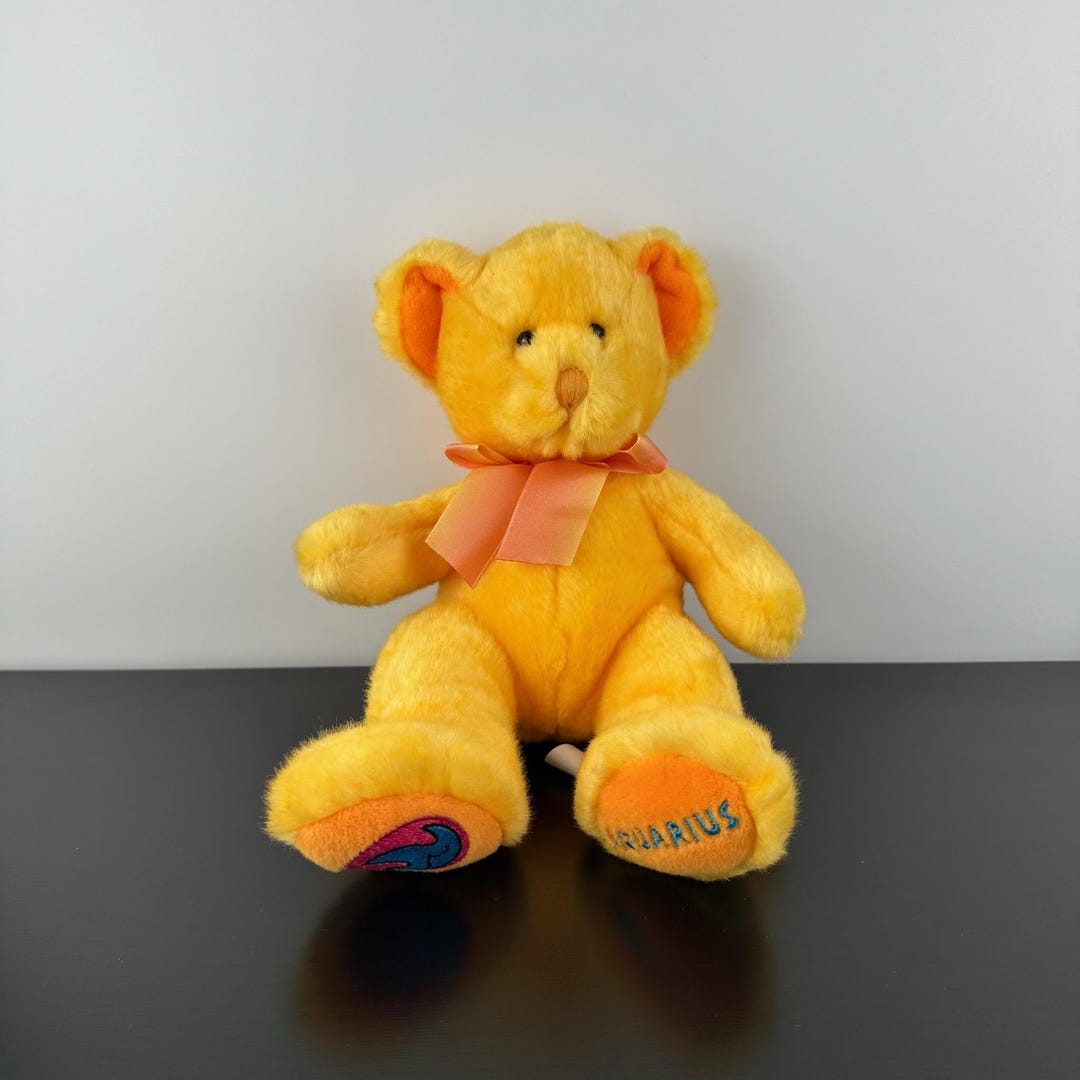 Russ Berrie Aquarius Zodiac Teddy Bear 10” Pink Bow Yellow Orange Plush ...