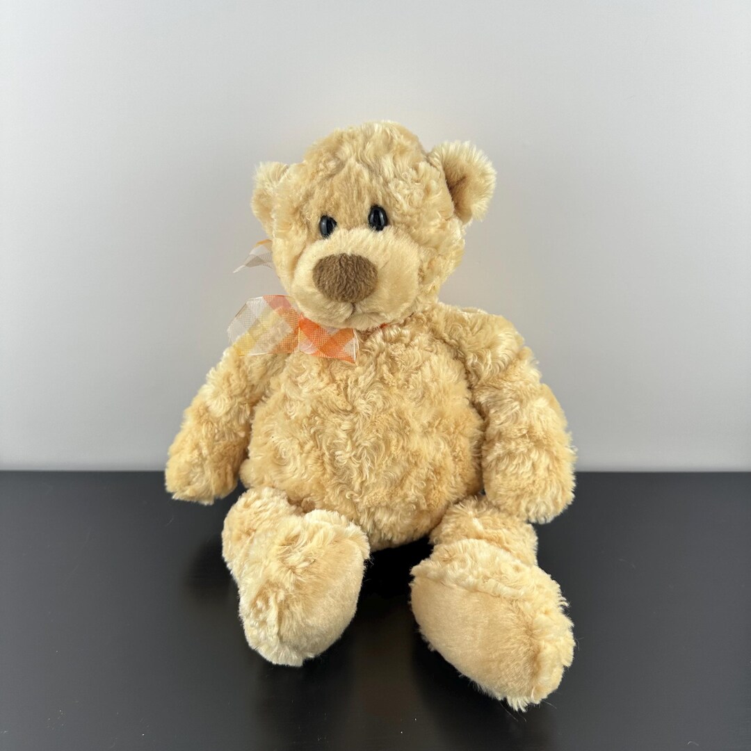 Vintage GUND Teddy Bear Manni Tan Orange Plaid Bow Ribbon 13” Stuffed ...