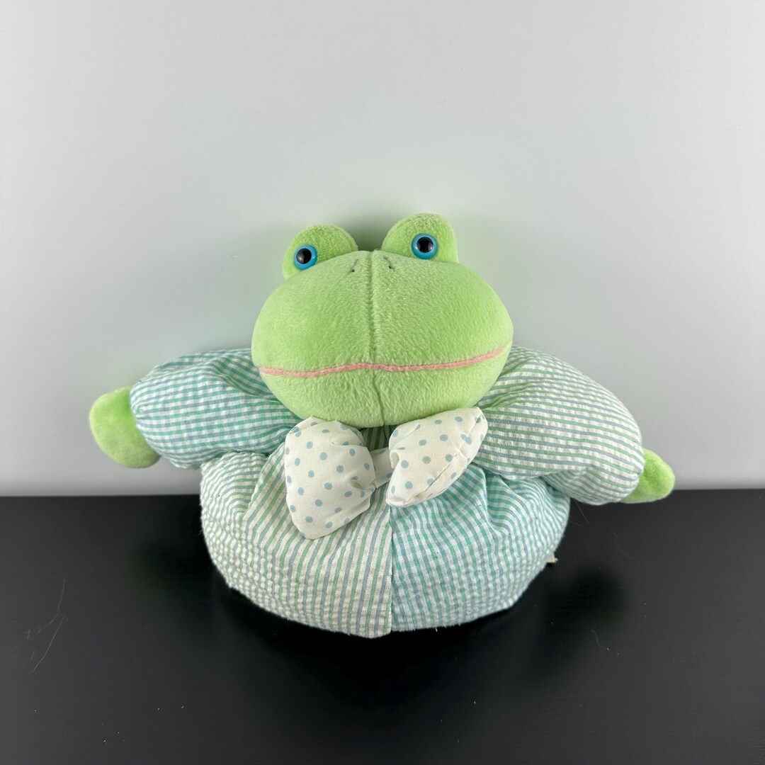 Vintage Russ Froggles Green Frog Plush Musical Crib Pull Baby Toy Blue ...