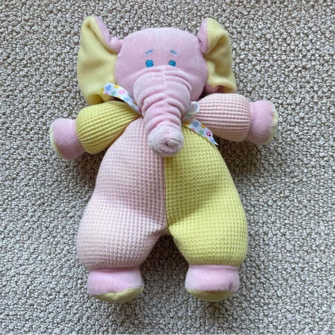 Baby GANZ Plush Elephant Pastel Thermal Waffle Vintage RARE Pink Yellow ...