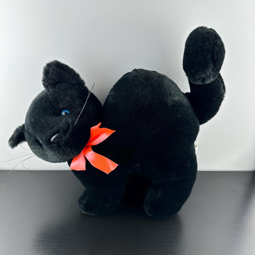 Vintage Black Cat With Arched Back by Plushmania 80s or 90s Orange Bow ...