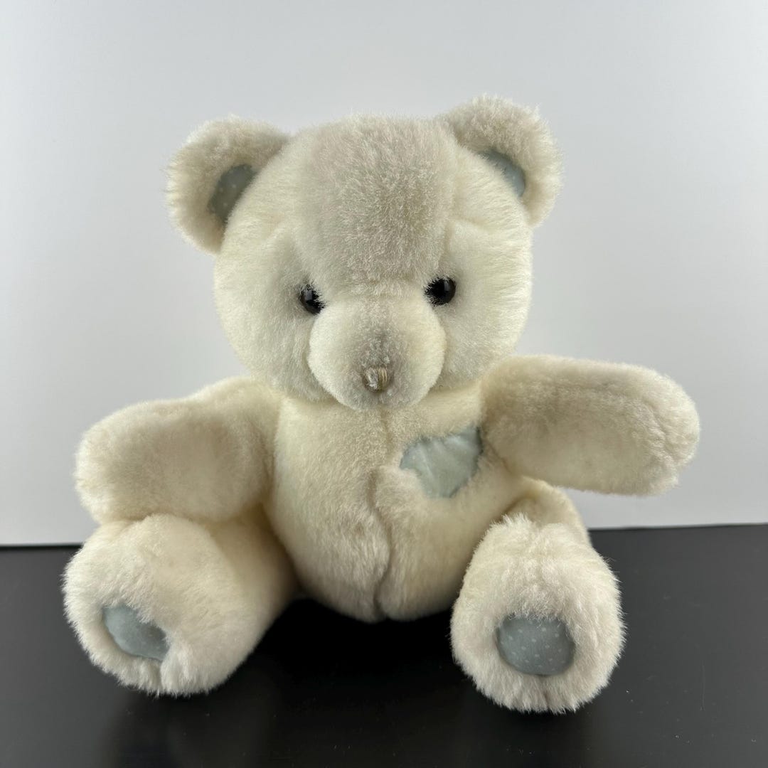 Vintage Russ Berrie Squeakums Teddy Bear Plush White Blue 8.5" Stuffed ...
