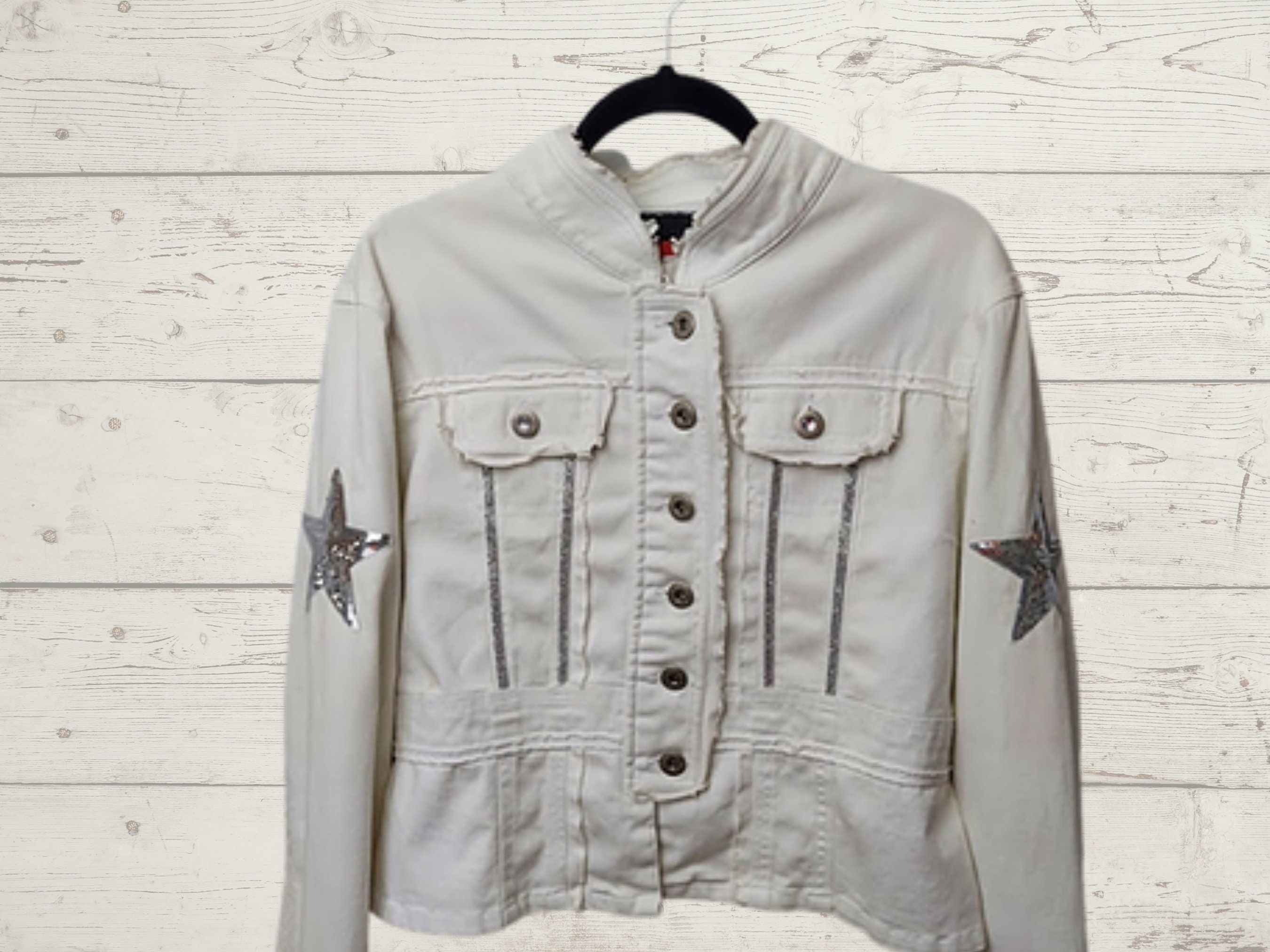 White Star-spangled Denim Jacket / Embellished Jean Jacket W Silver ...