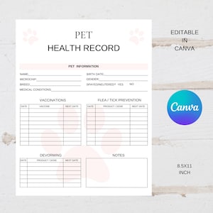 Pet Health Record Template: Dog, Cat, Puppy (editable Canva, Digital ...