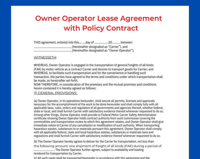 Owner Operator Lease Agreement With Policy Contract Owner - Etsy
