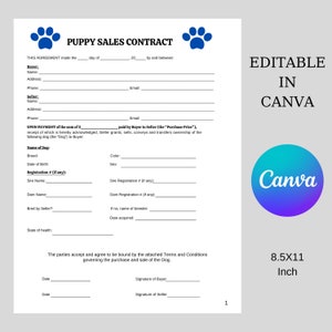 DIY Puppy Sales Contract, Personalised Puppy Canva Template, Puppy ...