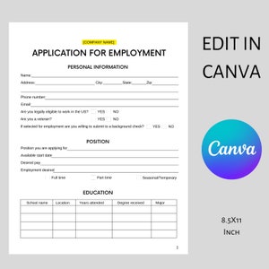 Job Employment Application Canva Template Editable, Printable - Etsy