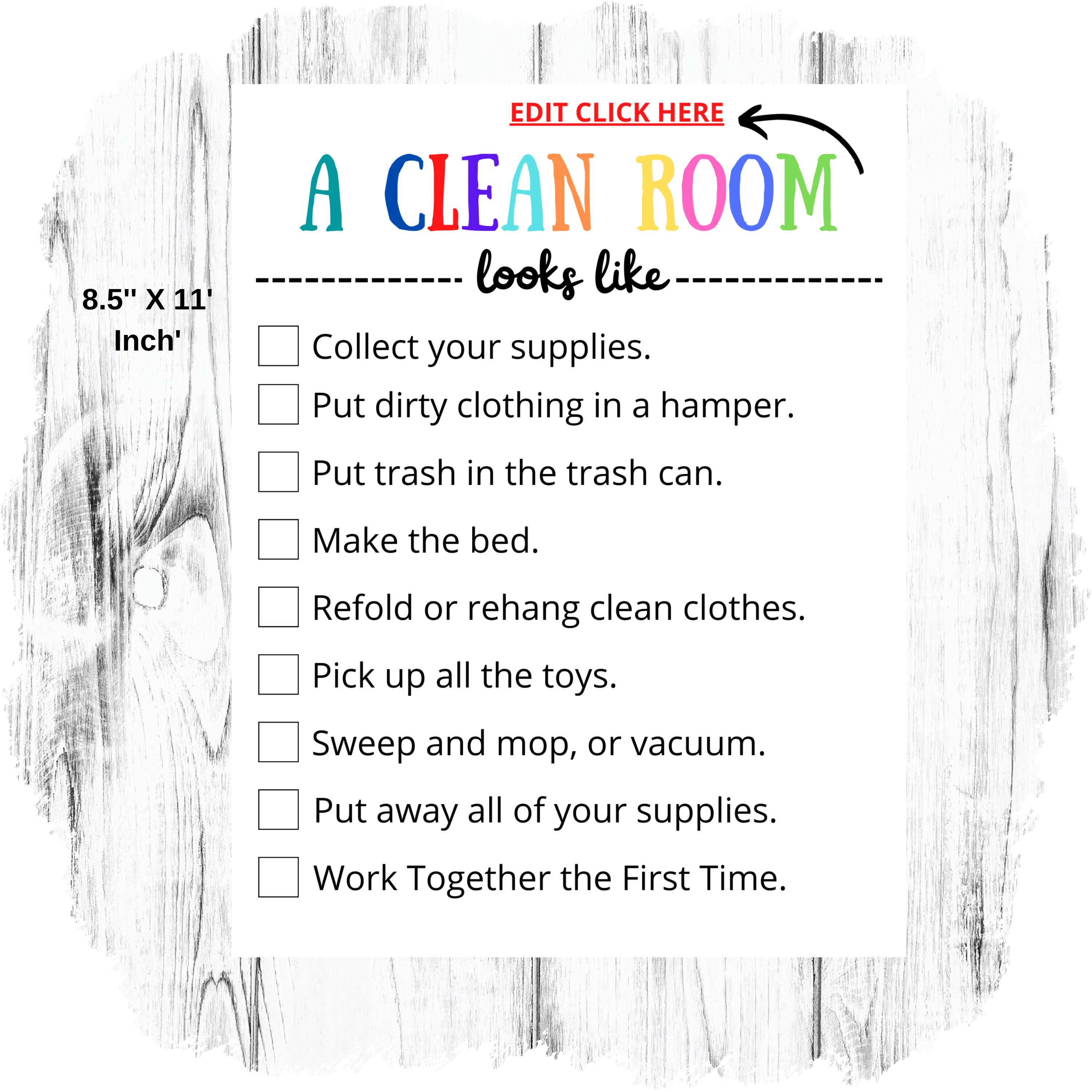 Kids Room Cleaning Checklist: Chore Chart Canva Template (printable PDF ...