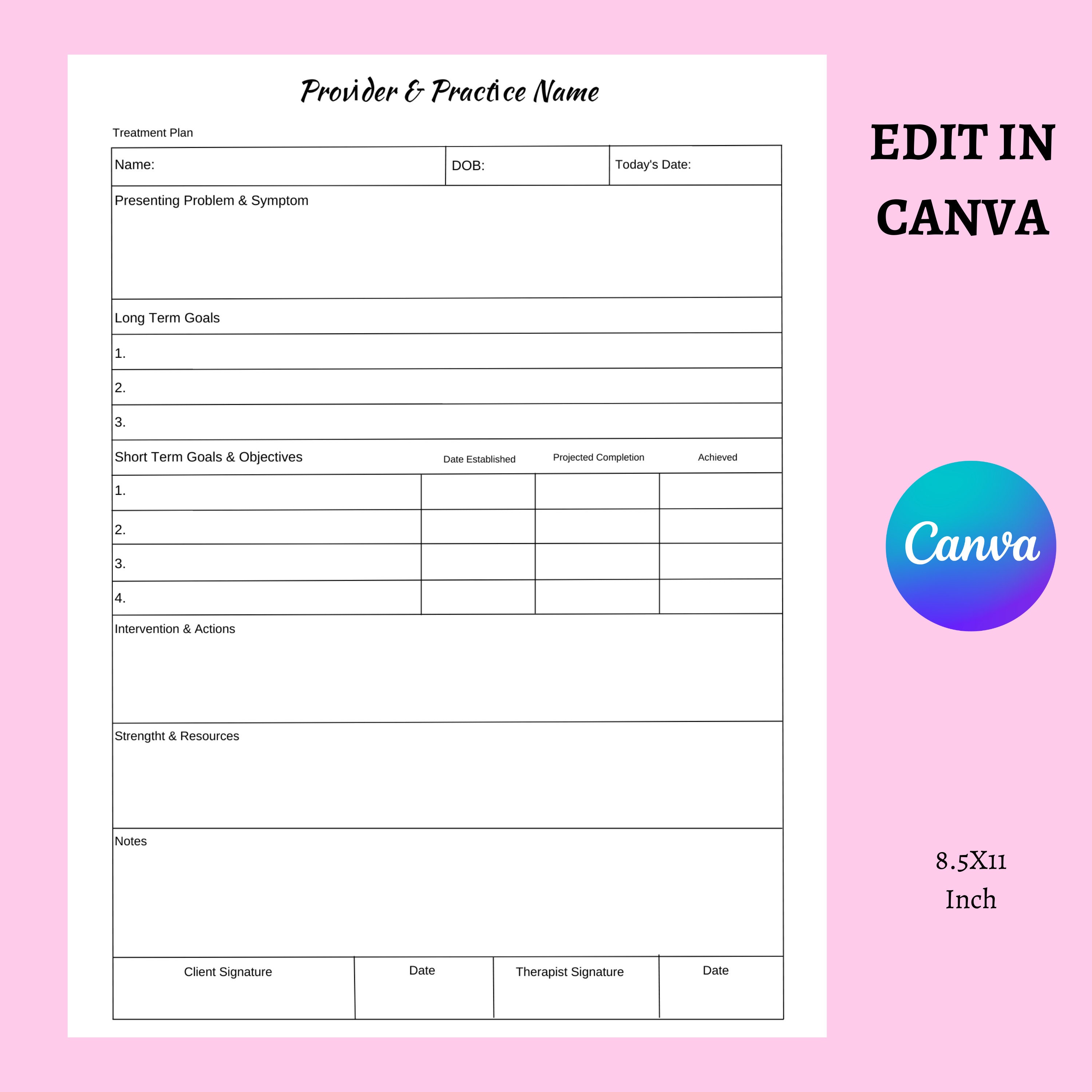 Fillable Treatment Plan Template for Therapists (canva, 8.5x11) (digital Download) - Etsy
