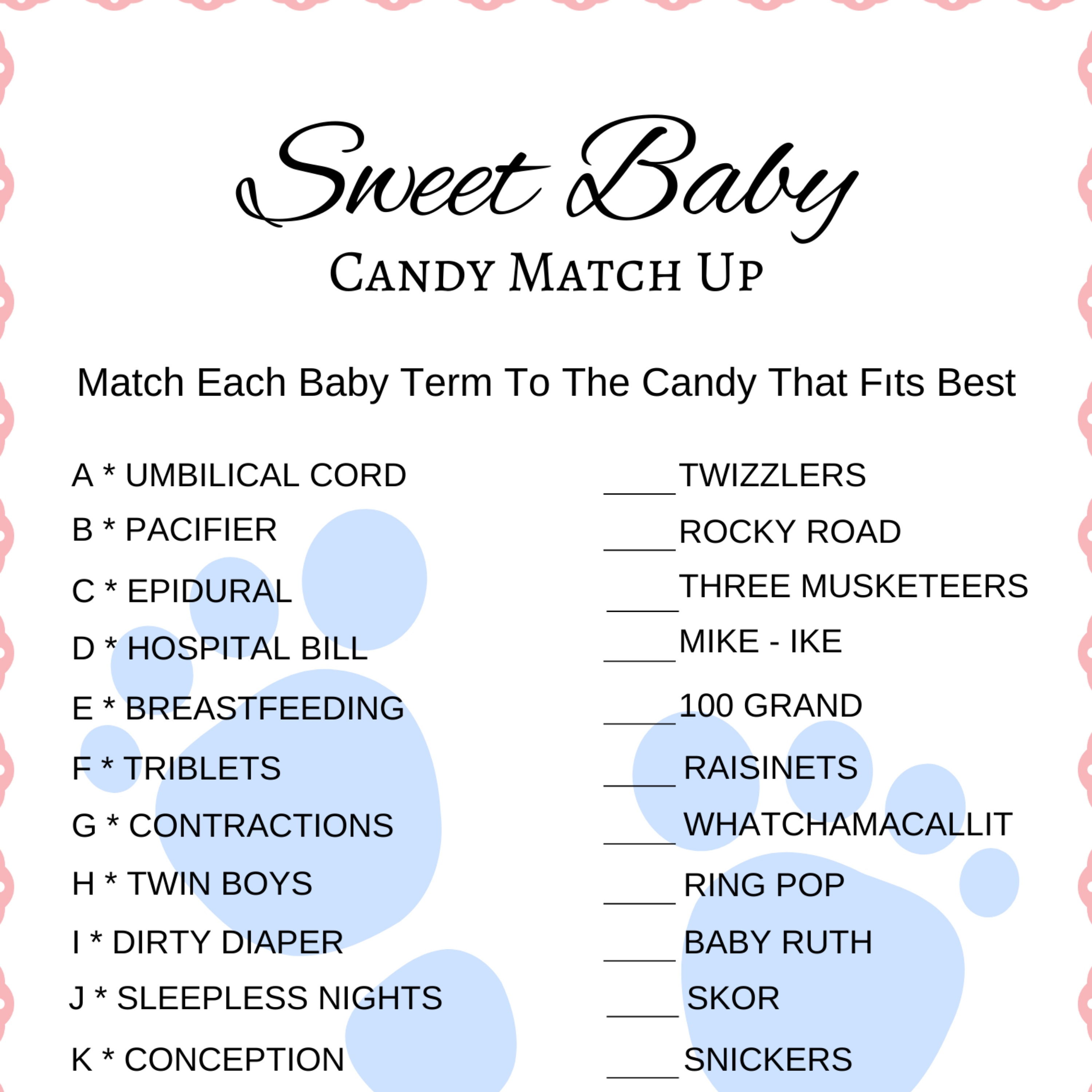 Sweet Baby Candy Match, Baby Shower Activity - Instant Download ...