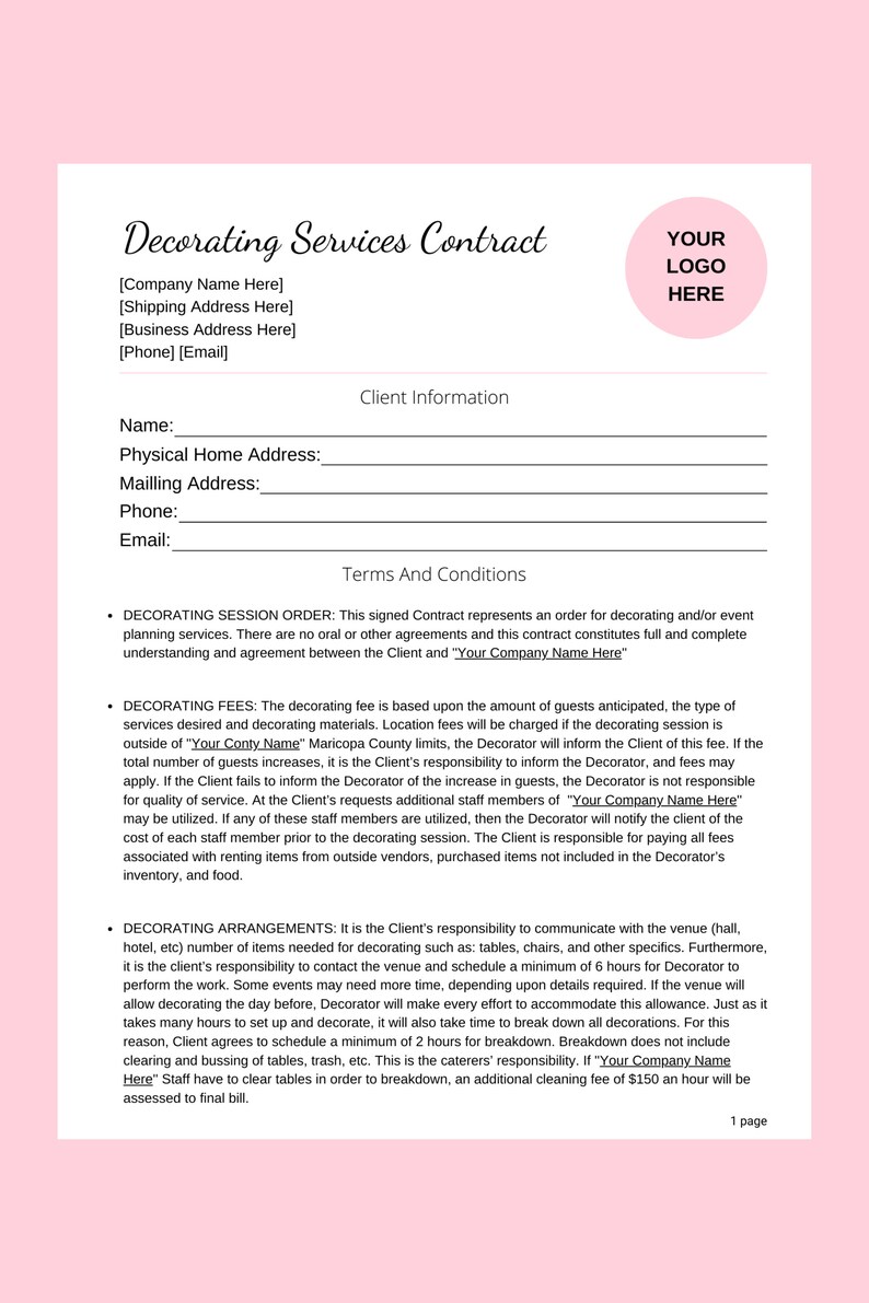 DIY Event Decorating Services Contract Agreement, EDİTABLE Printable ...