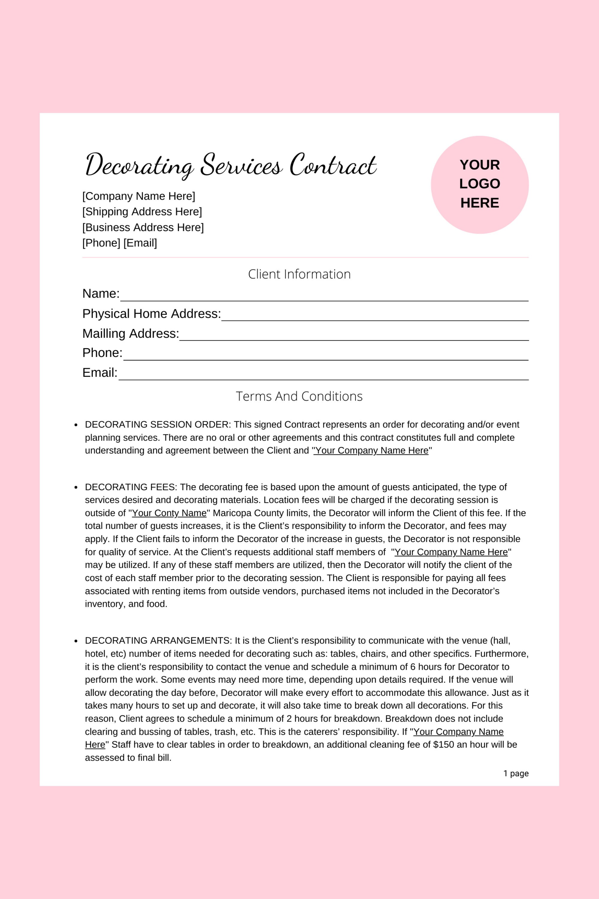 DIY Event Decorating Services Contract Agreement, EDİTABLE Printable ...