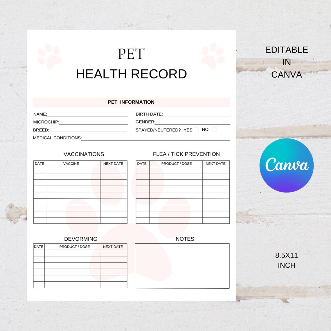 Pet Health Record Template: Dog, Cat, Puppy (editable Canva, Digital ...