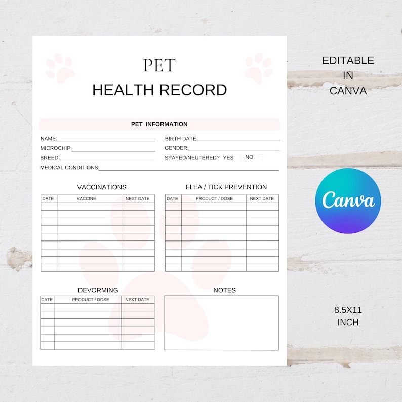 Pet Health Record Printable for New Puppy, Dog or Cat, Pet Health ...