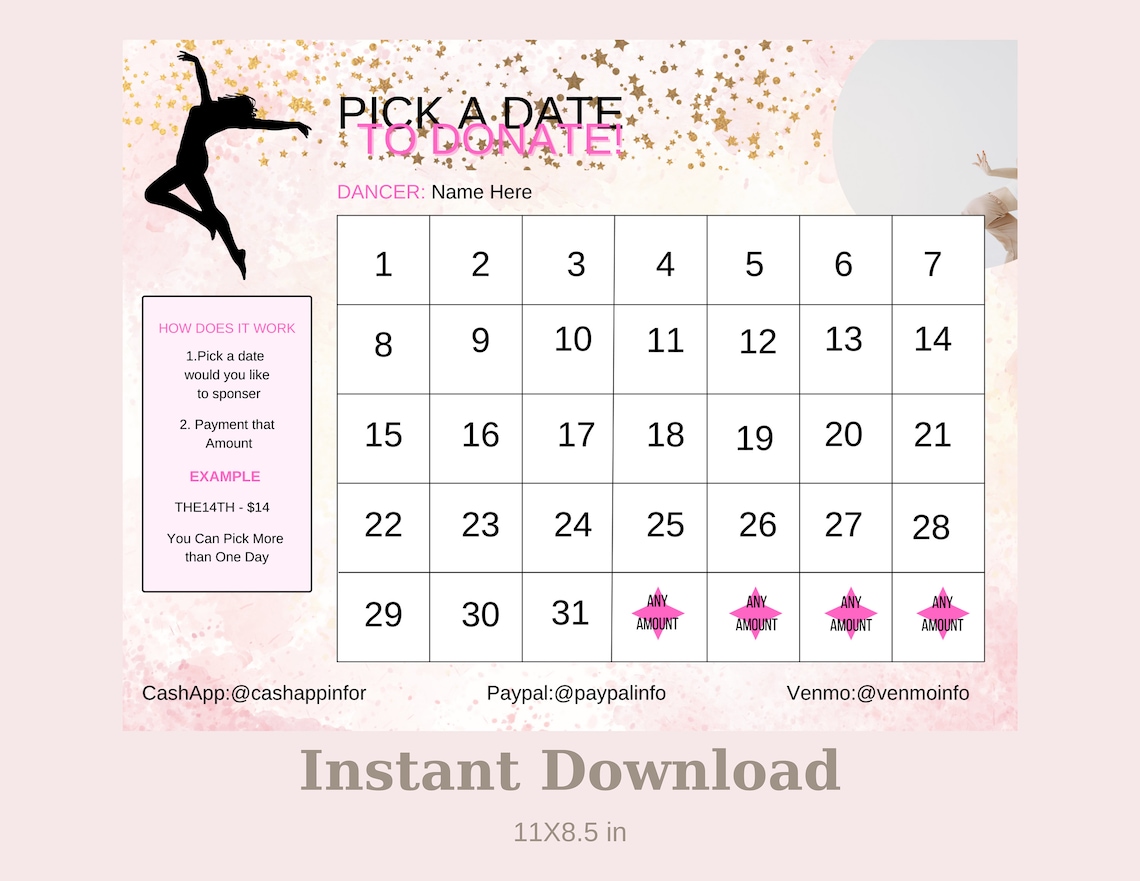 Dance Calendar Fundraiser Template: Editable Canva Design (digital ...
