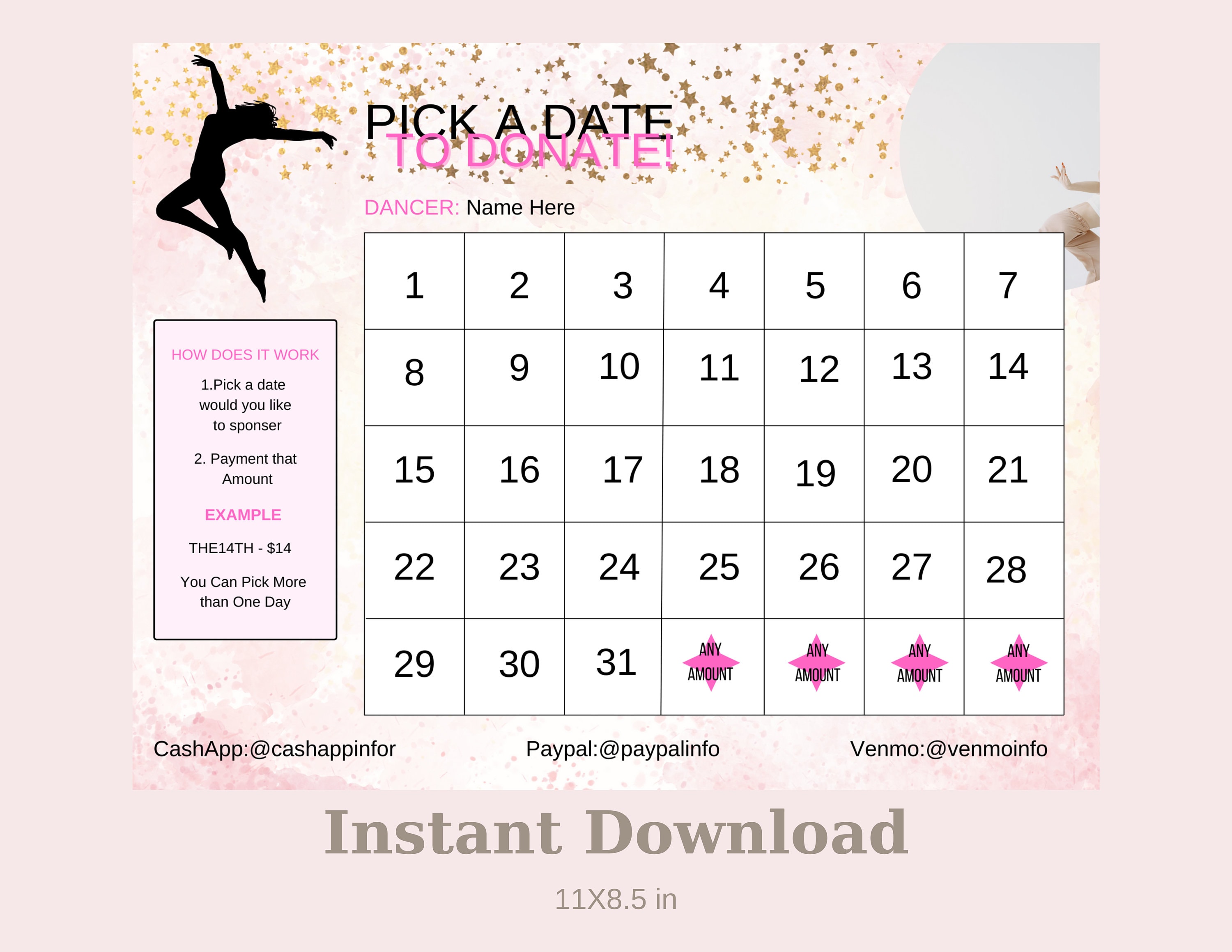 Dance Calendar Fundraiser Template: Editable Canva Design (digital ...