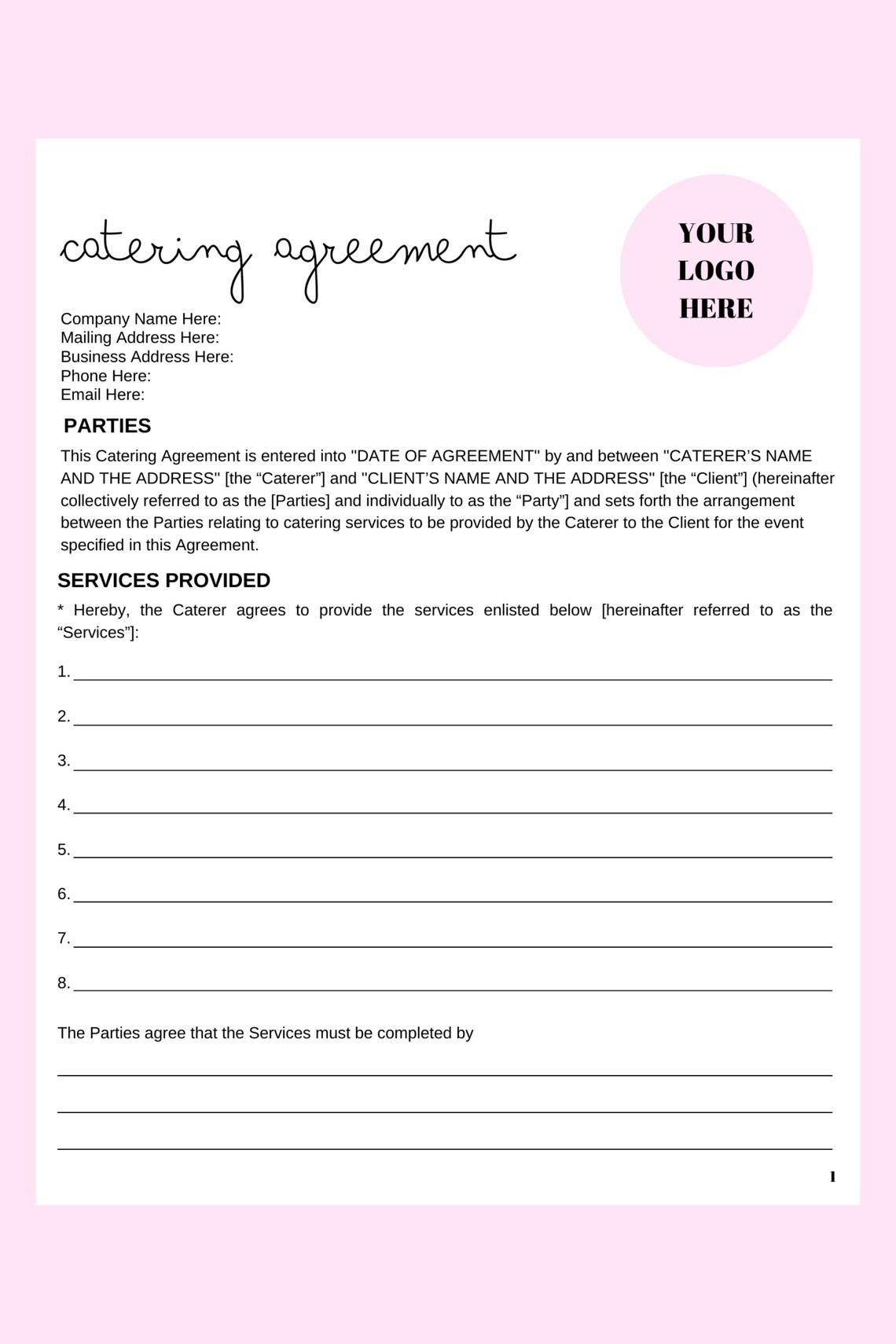 DIY Catering Services Contract Agreement, Editable Printable 4 Page ...