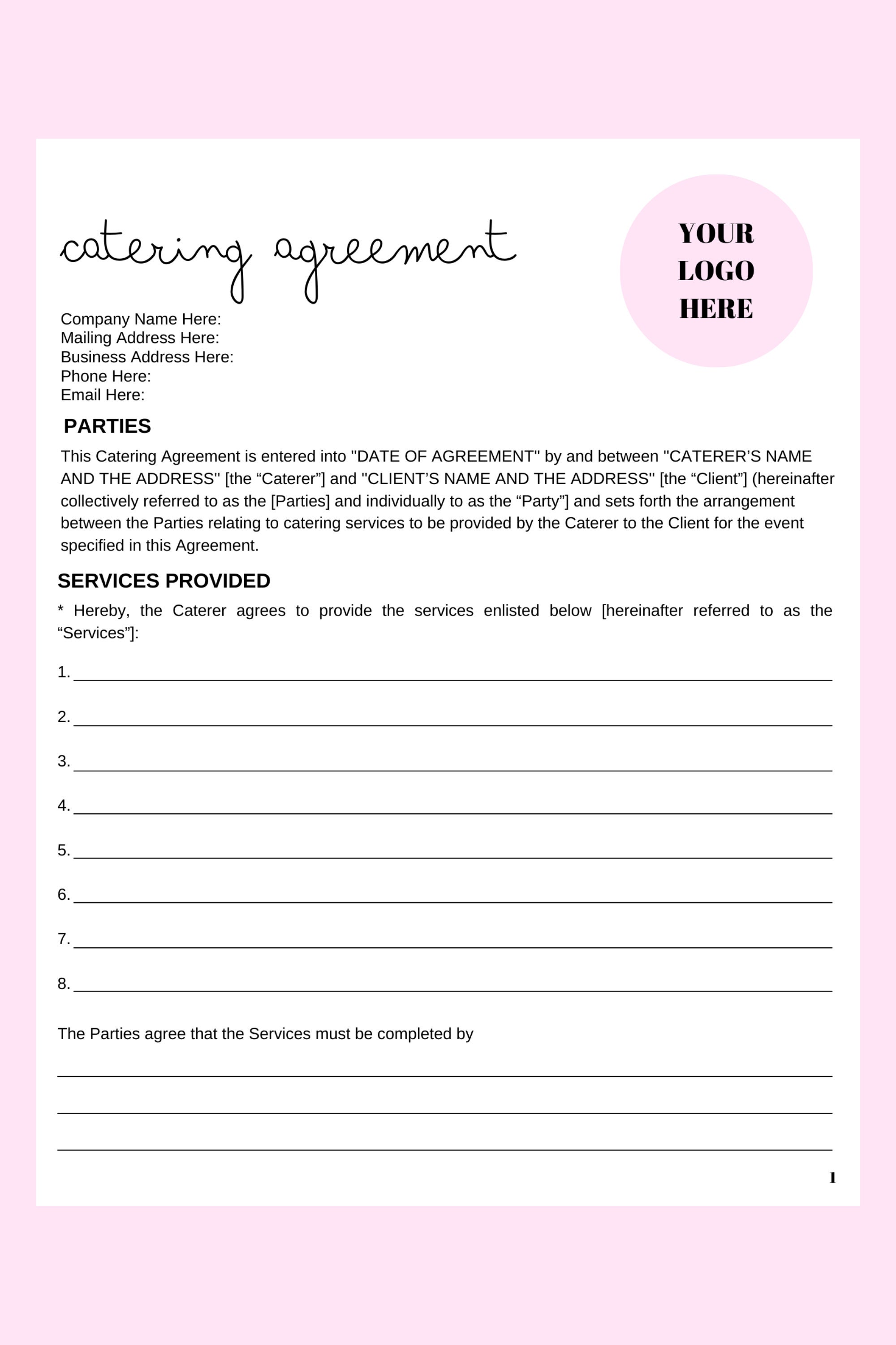 DIY Catering Services Contract Agreement, Editable Printable 4 Page ...