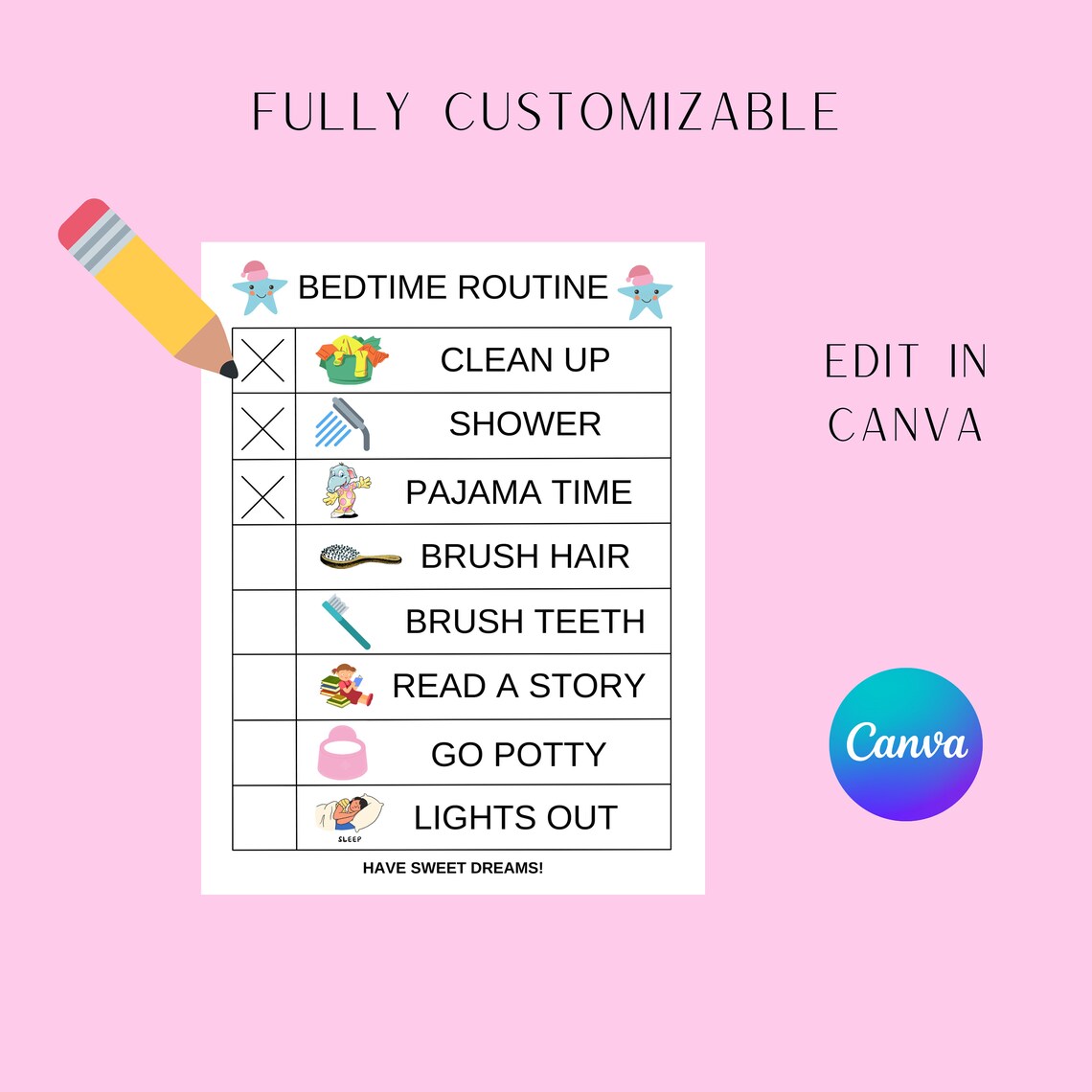 DIY Kids Morning , Bedtime Routine Charts Canva Template, Cute ...