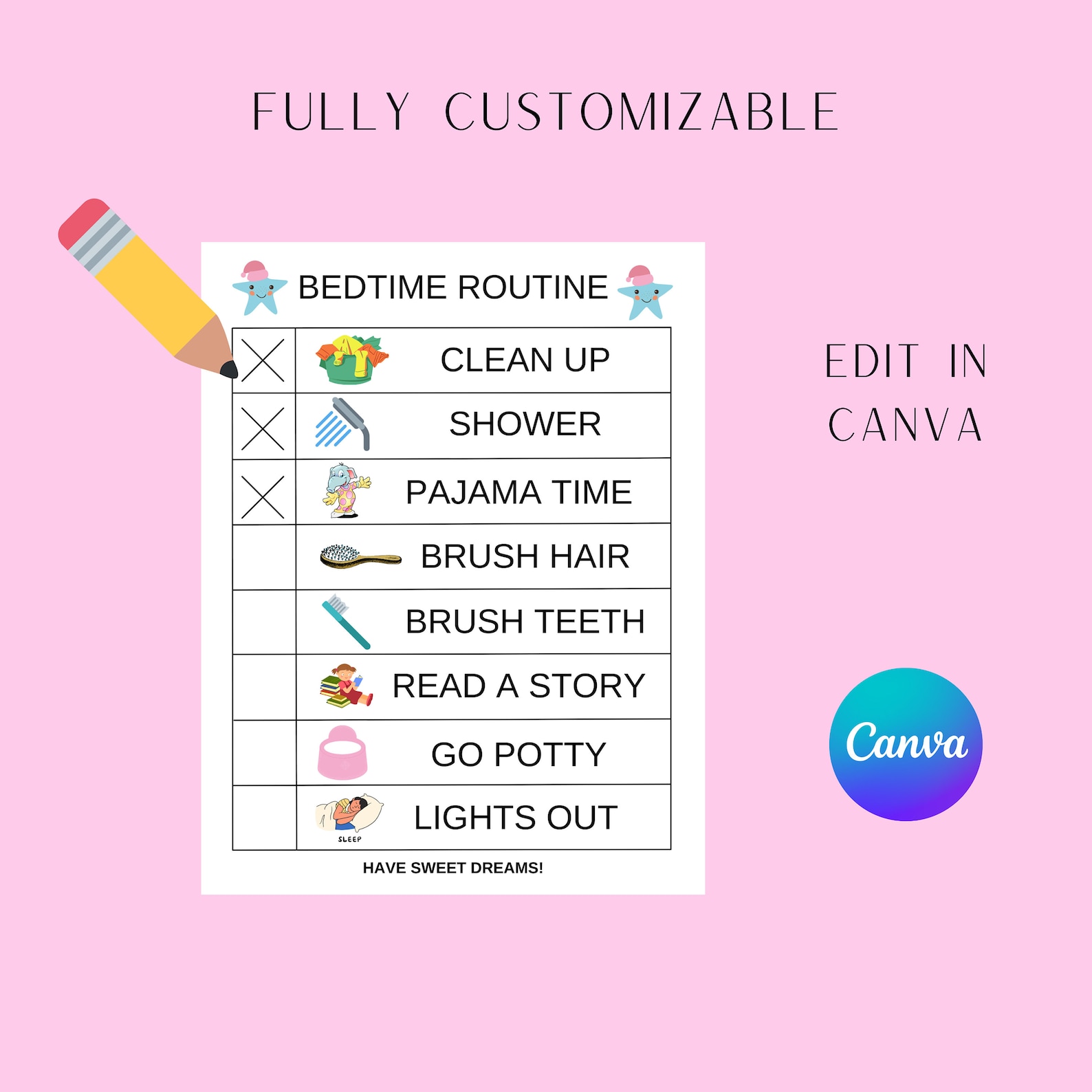 DIY Kids Morning , Bedtime Routine Charts Canva Template, Cute ...