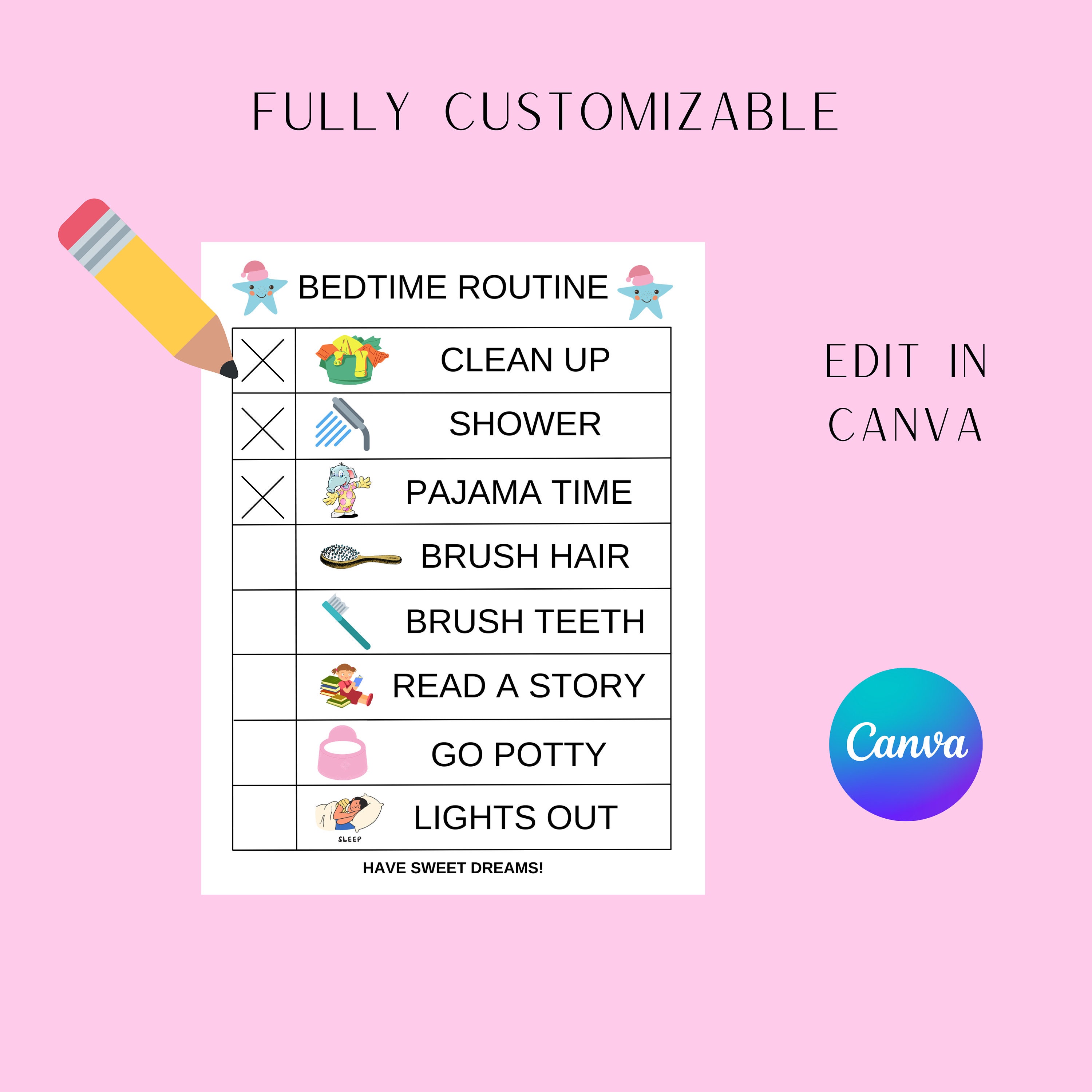 DIY Kids Morning , Bedtime Routine Charts Canva Template, Cute ...