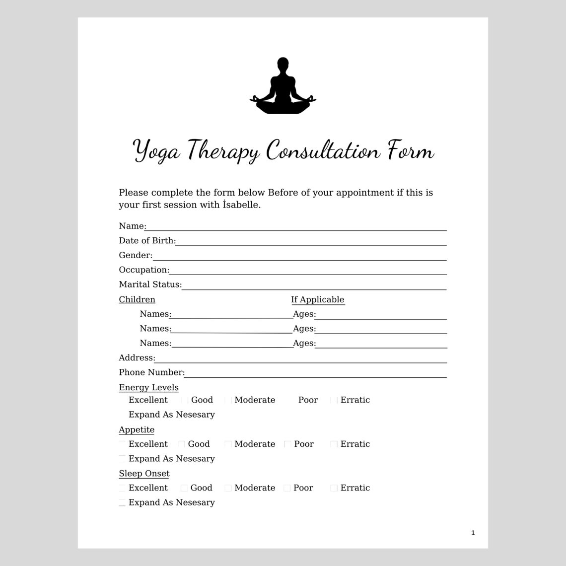 Fillable Yoga Therapy Consultation Form Canva Template, Yoga Teacher ...