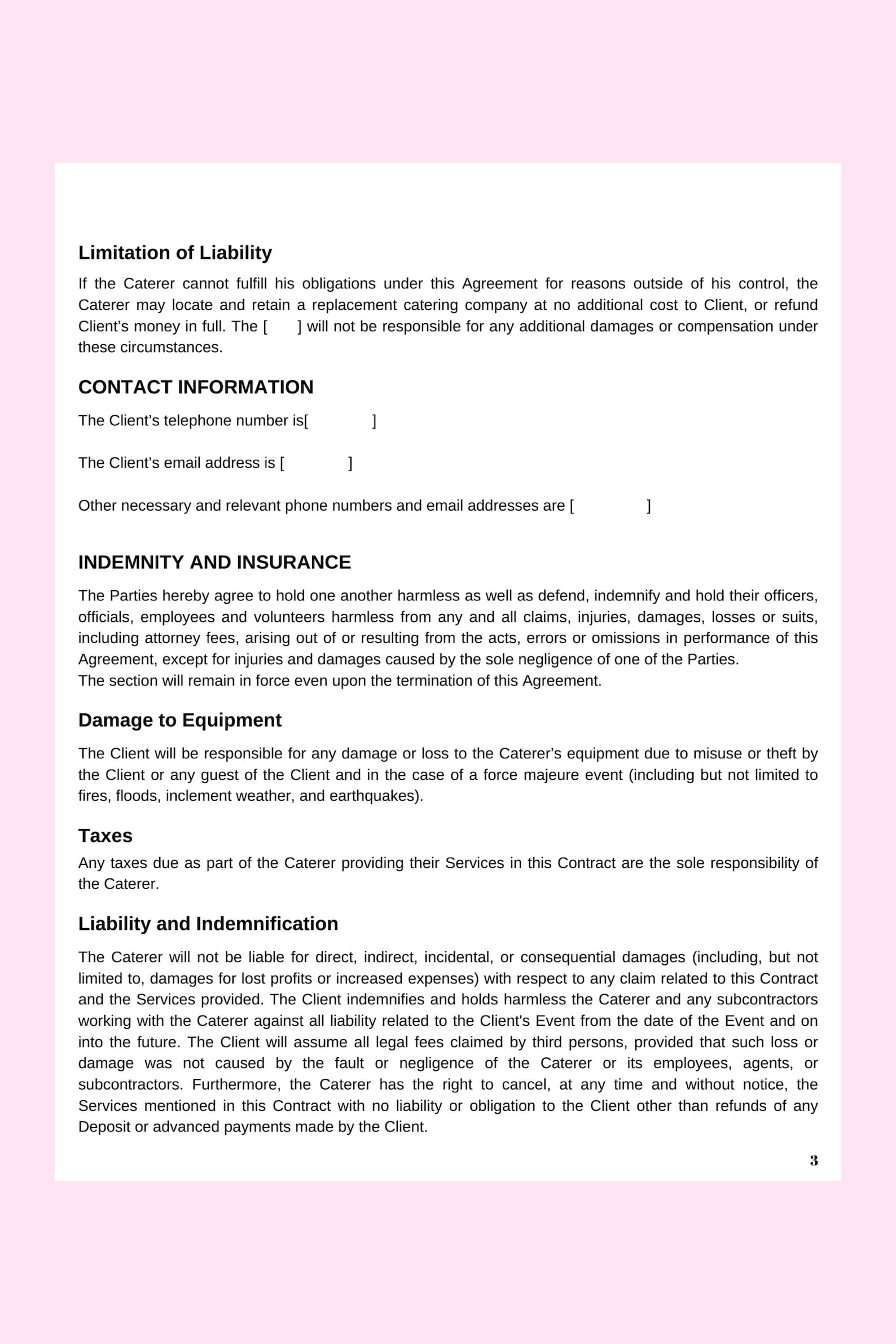 DIY Catering Services Contract Agreement, Editable Printable 4 Page ...