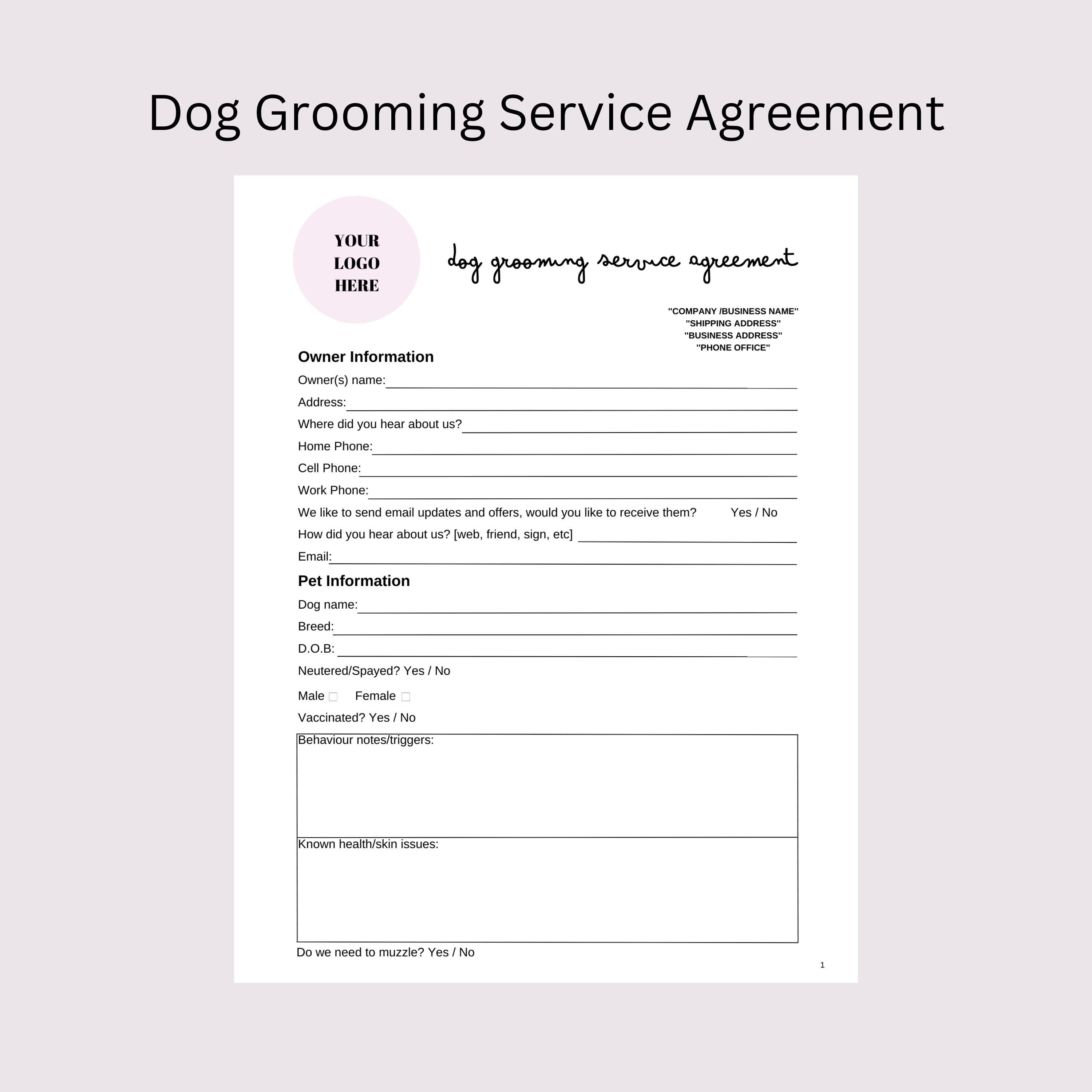 Dog Grooming Service Agreement, DIY Editable Canva Template, 4 Page ...
