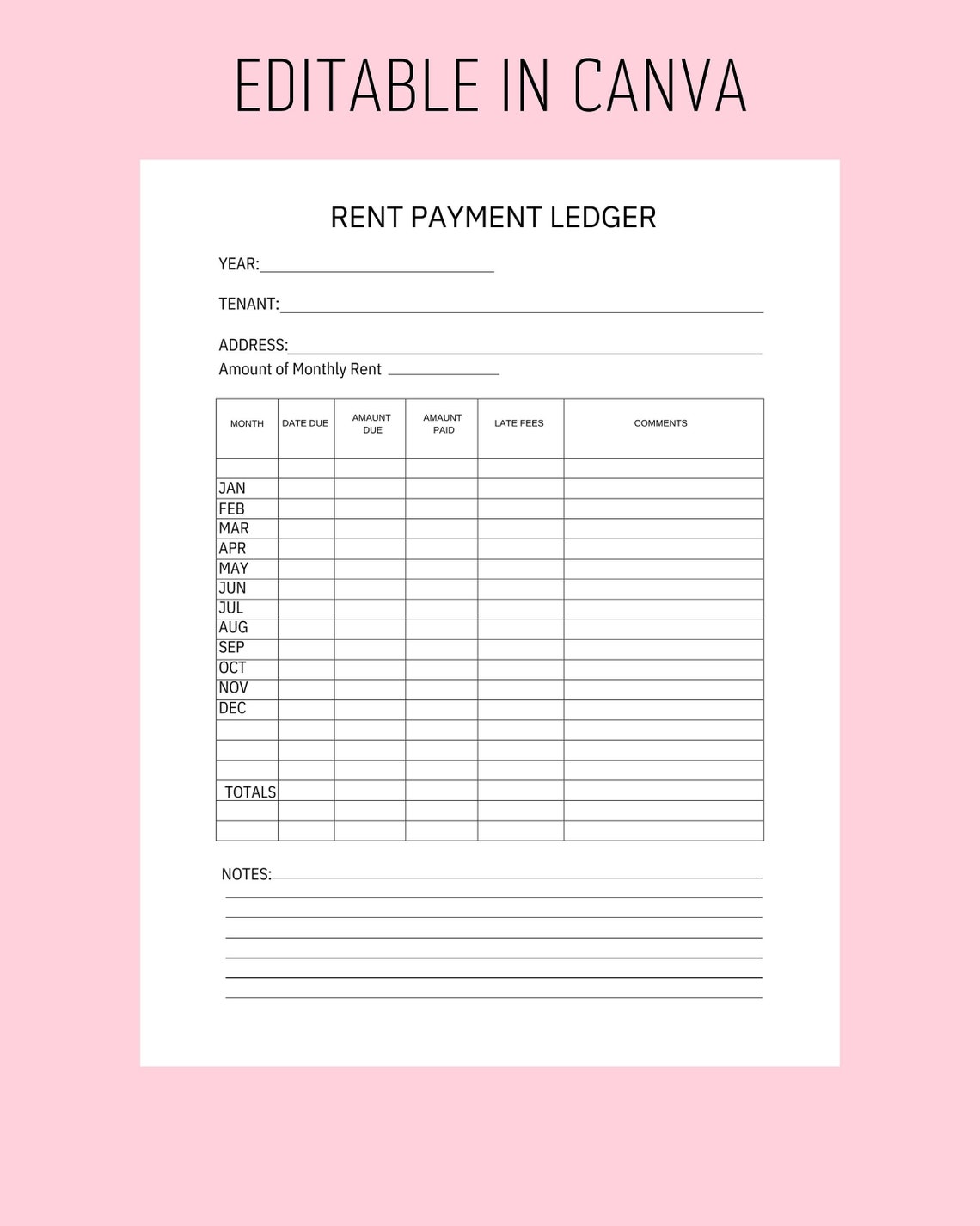 Rent Payment Ledger, Rental Payment Tracker, Monthly Rent Payment ...