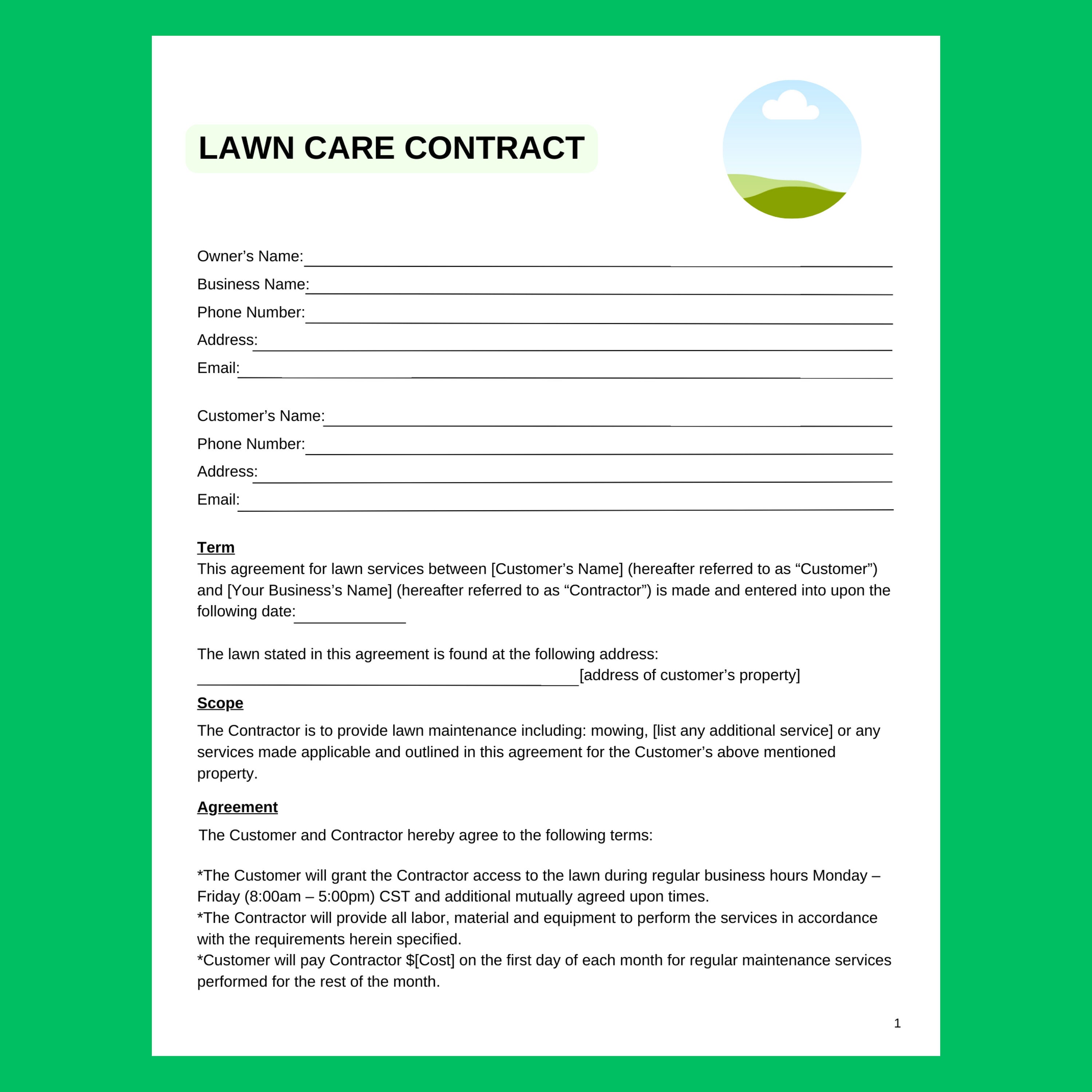 Lawn Care Agreement Template: Editable Landscaping Contract (canva, 8 ...