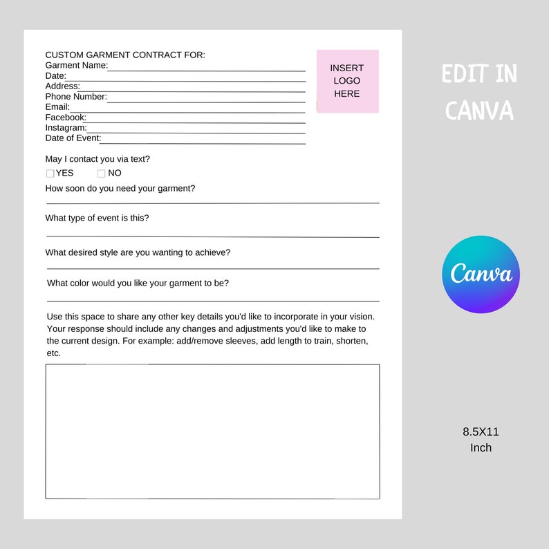 EDITABLE Custom Garment Contract Canva Template - Etsy