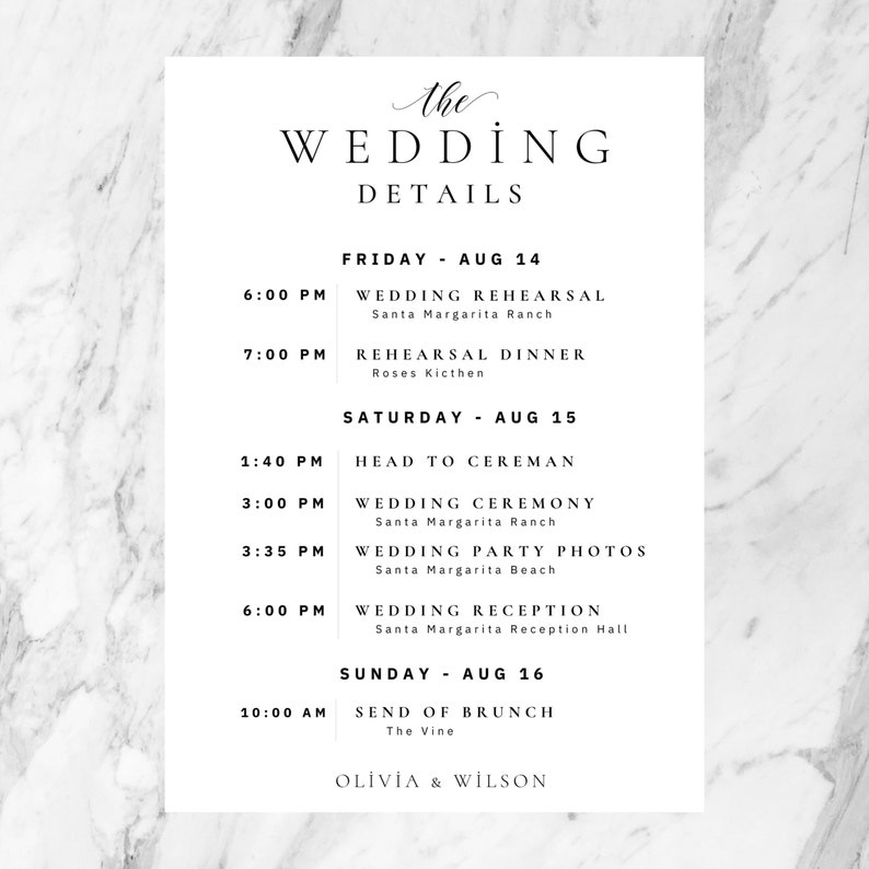 Modern Minimalist Wedding Itinerary Template: Editable Weekend Timeline ...
