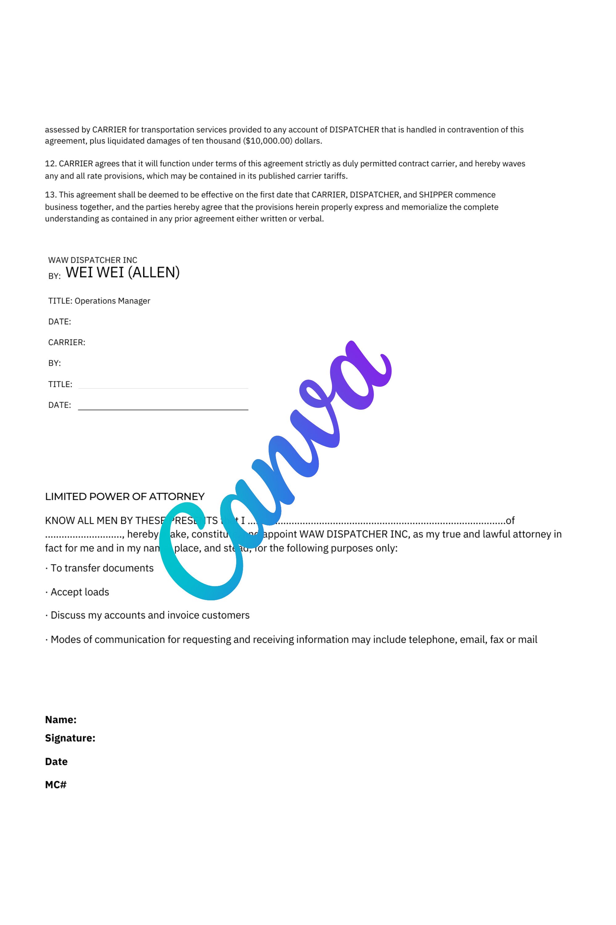 Freight Dispatch Carrier Contract: DIY Canva Template (instant Download ...