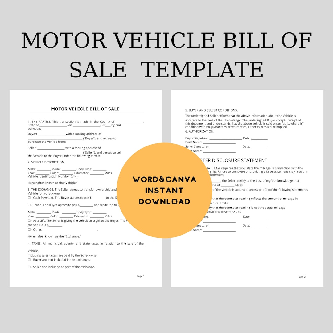 Editable Motor Vehicle Bill of Sale, Canva Template, Car Sale Form ...