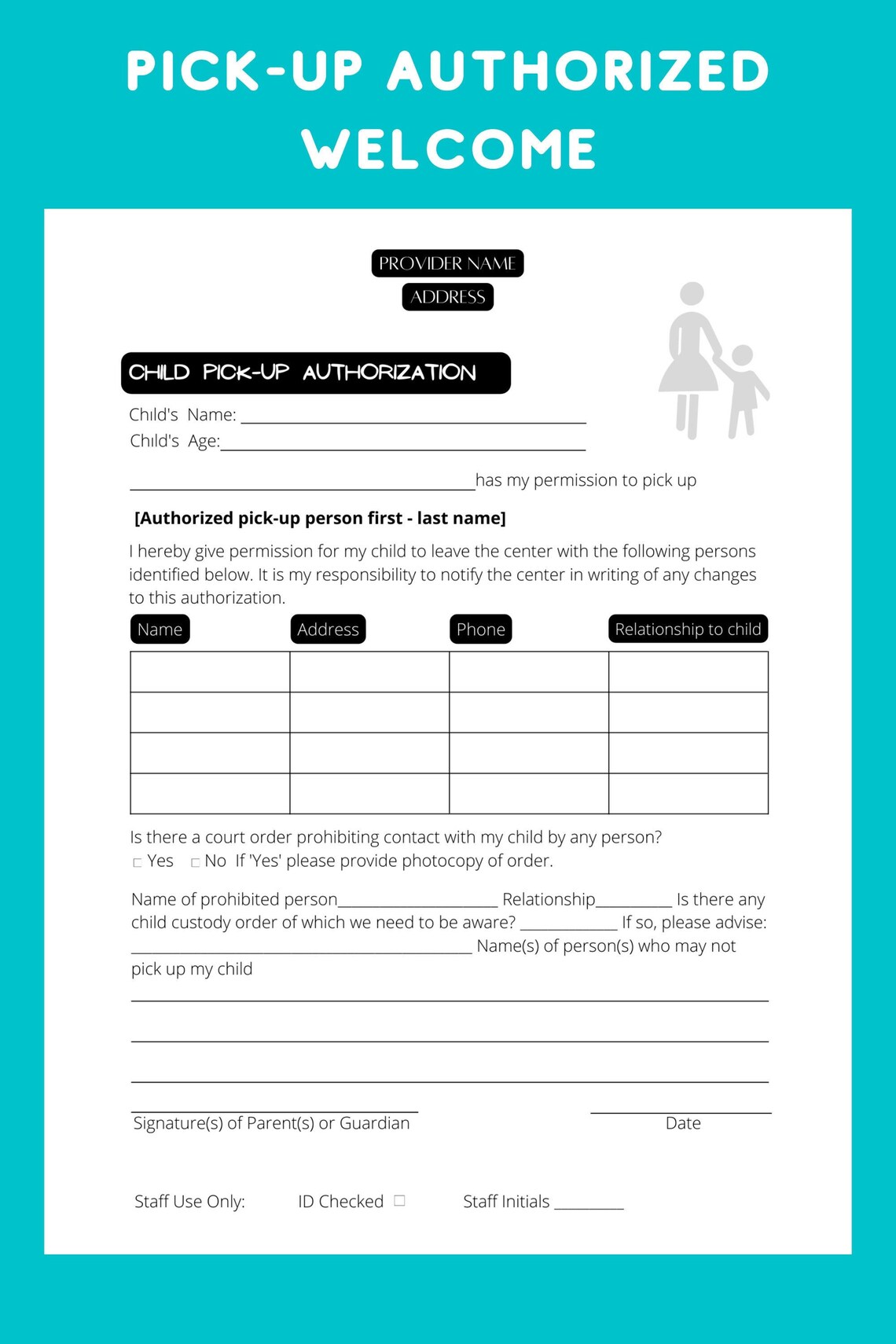 DIY Child Pick-up Form, Authorized Pick-up, Perfect for Daycare ...