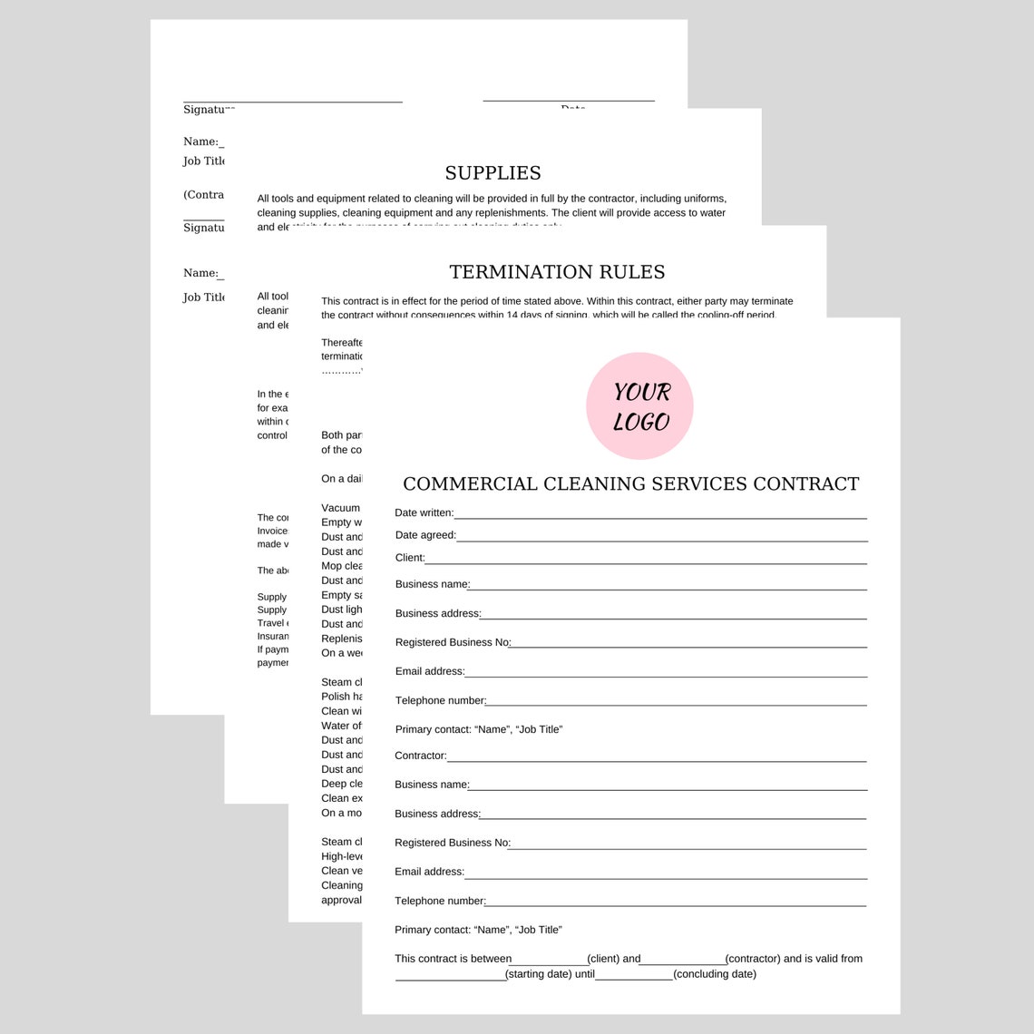 Commercial Cleaning Services Contract, Canva Template, Editable Instant ...