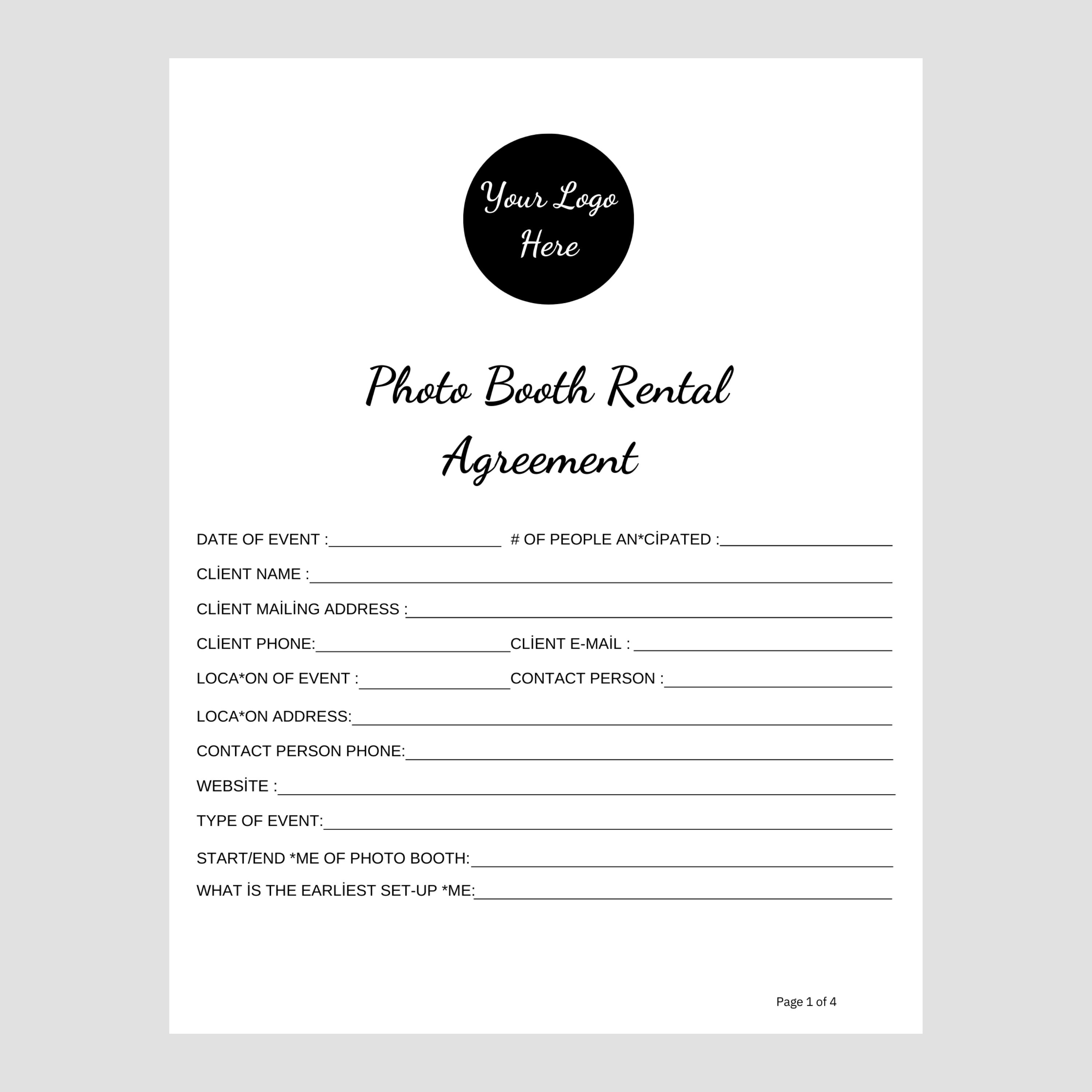 Photo Booth Contract, Event Booth Rental Agreement,editable ...