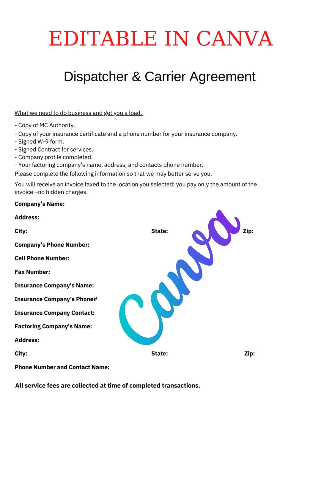 Freight Dispatch Carrier Contract: DIY Canva Template (instant Download ...