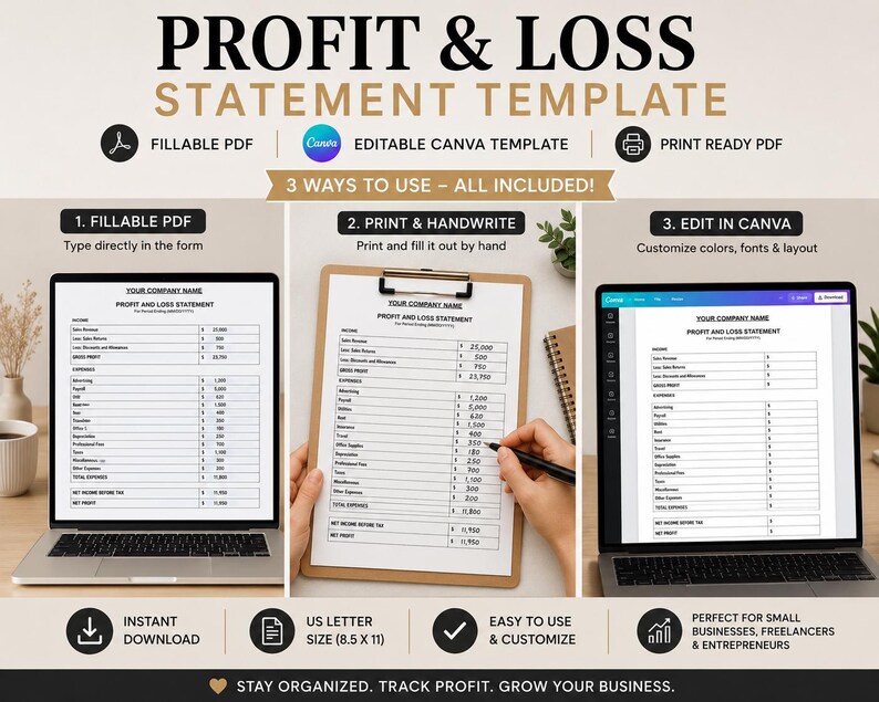 Profit and Loss Statement Template, Fillable PDF, Editable Canva ...