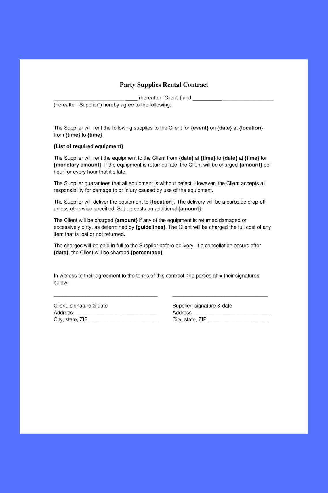 Party Supply Rental Contract Template: Editable Venue Provider Form ...