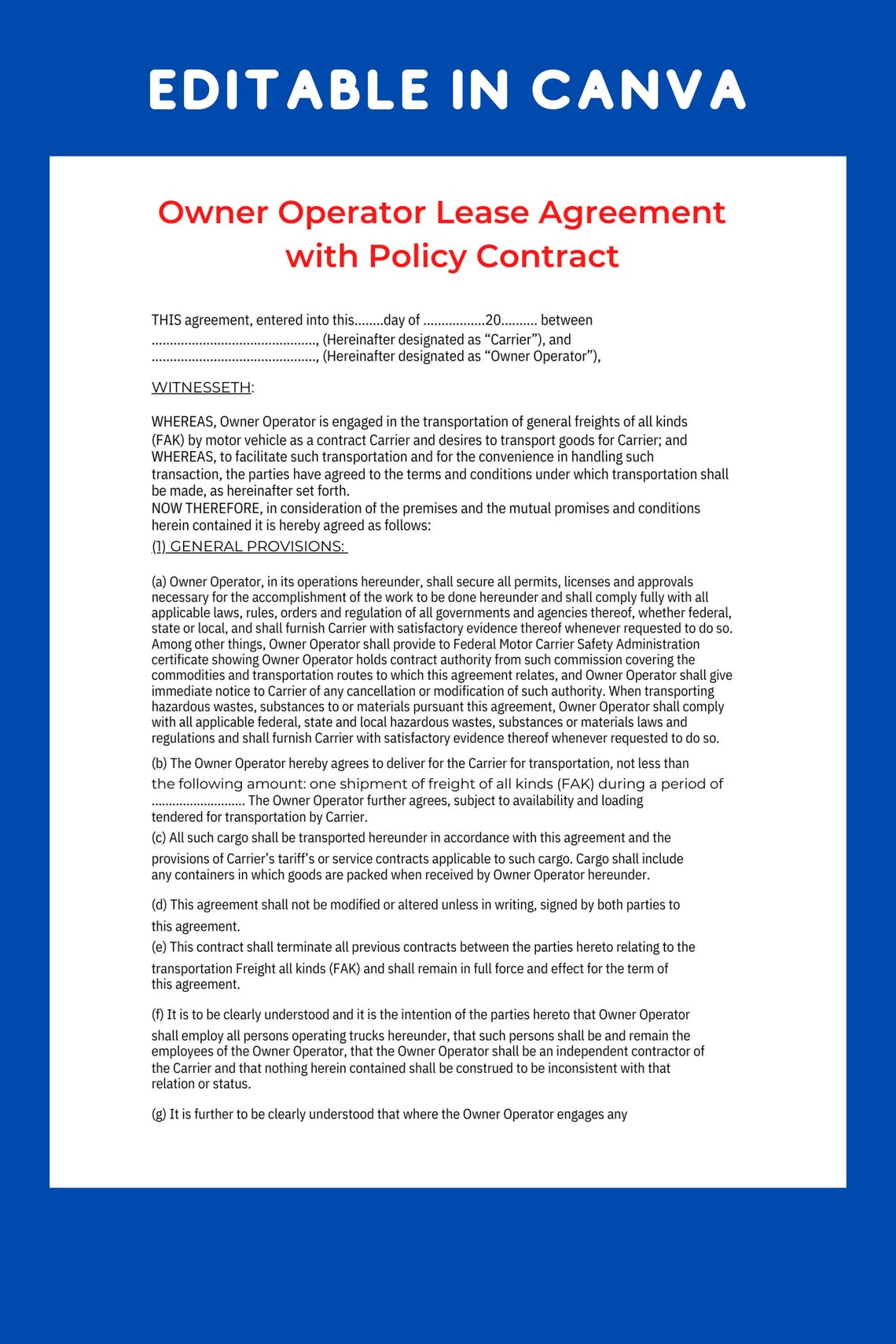 Owner Operator Lease Agreement With Policy Contract, Owner Operator ...